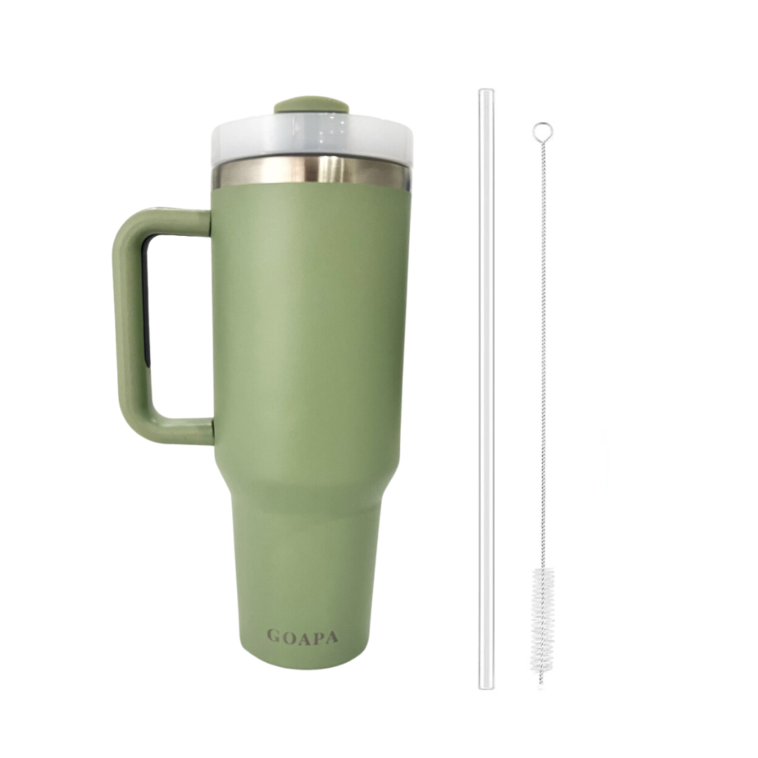 Metalinė daugiafunkcinė termo gertuvė su rankena ir šiaudeliu ŽALIA – Goapa